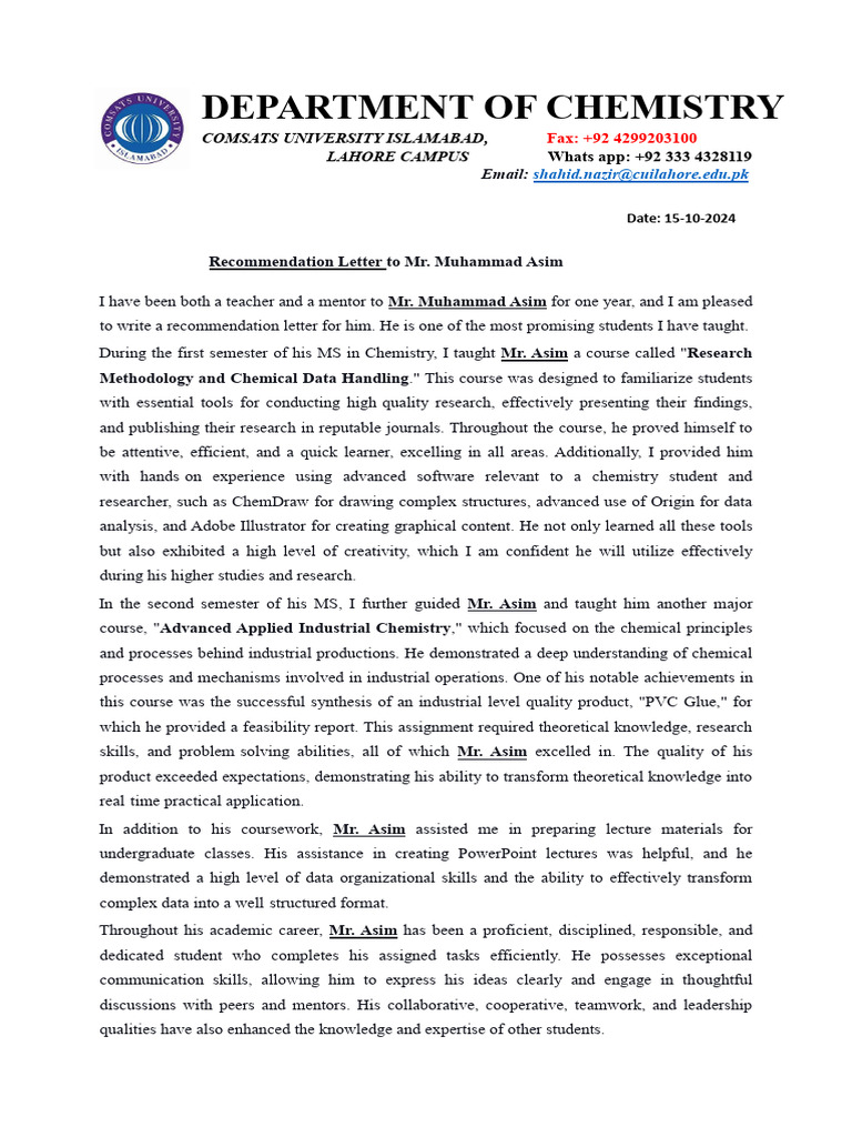 LOR of Dr. Muhammad Shahid Nazir | PDF | Mentorship | Learning