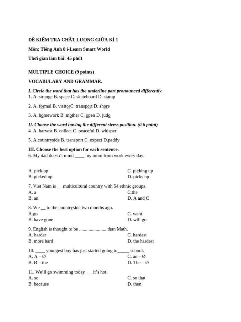 ĐỀ KIỂM TRA CHẤT LƯỢNG GIỮA KÌ 1 L8 | PDF | Language Arts & Discipline