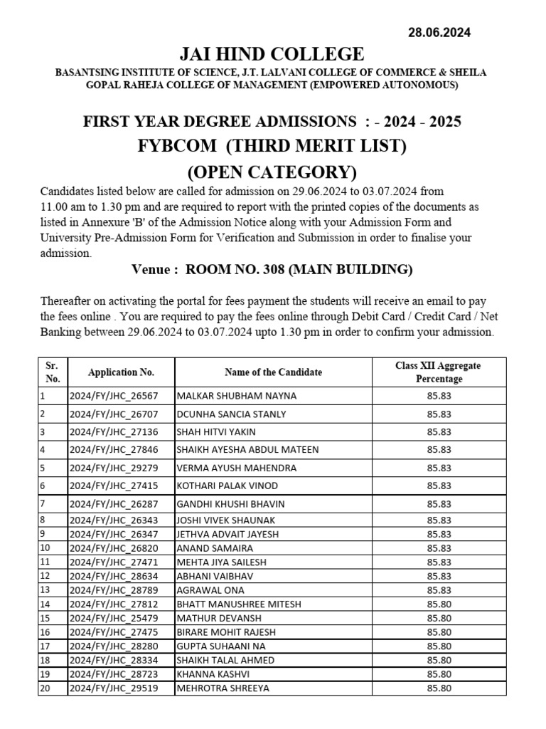 Fybcom Third Merit List Open Category 2024 | PDF | Jargon | Financial Economics