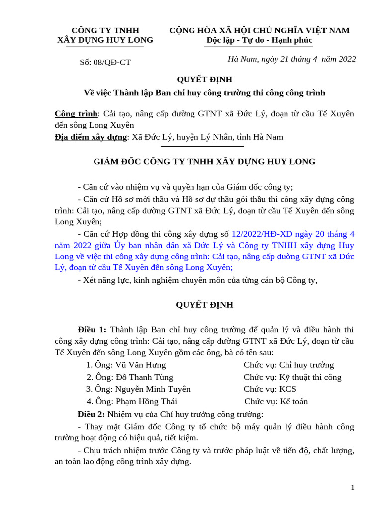 QUYET DINH THANH LAP BCH CONG TRUONG | PDF