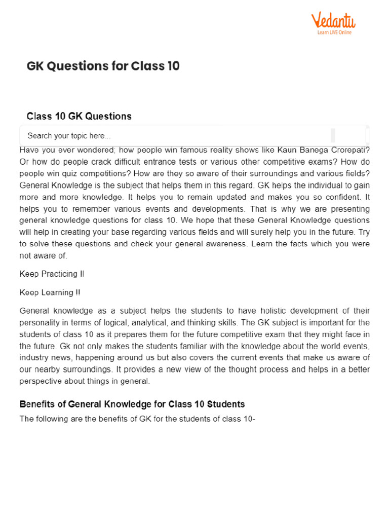 GK Questions for Class 10 | PDF GK Questions for Class 10 | PDF