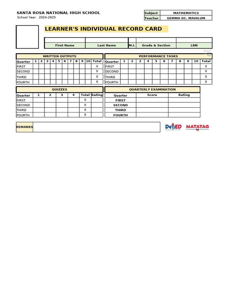 Learners Individual Record Card Excel | PDF