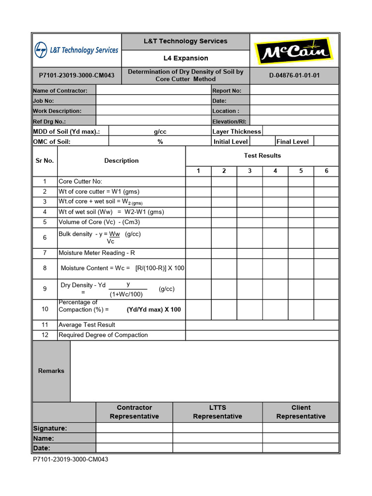 Determination Of Dry Density Of Soil By Core Cutter Method Pdf