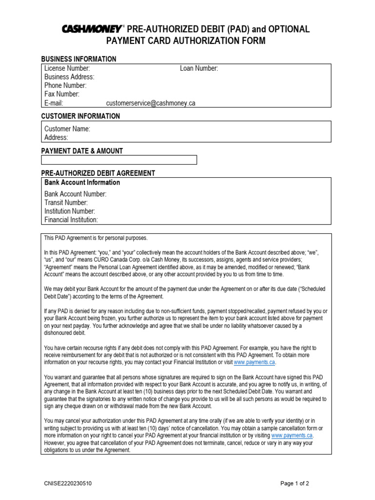 Pre-Authorized Debit (Pad) and Optional Payment Card Authorization Form ...