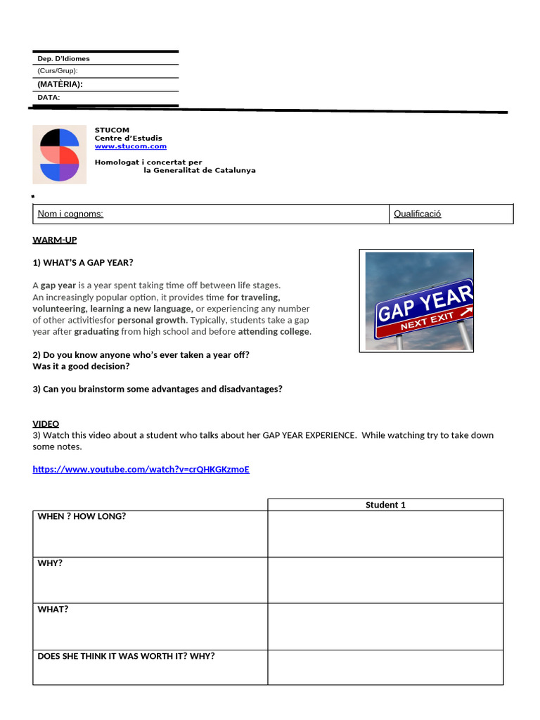TAKING A GAP YEAR Worksheet 1 | PDF
