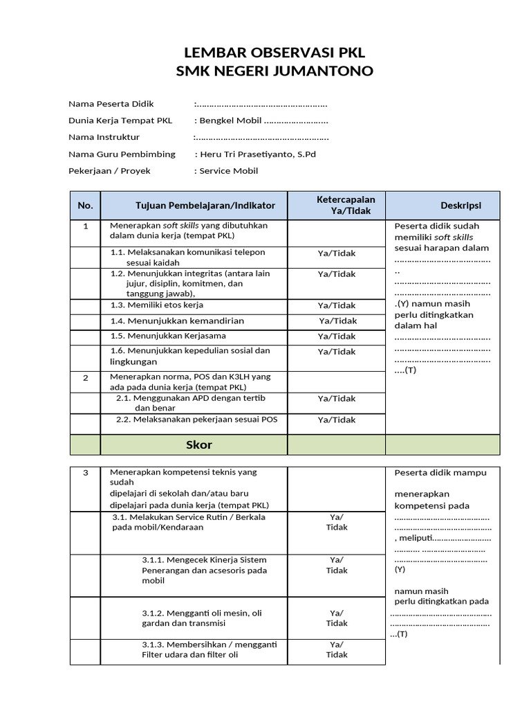 Lembar Observasi PKL SMK Jumantono | PDF | Komputer