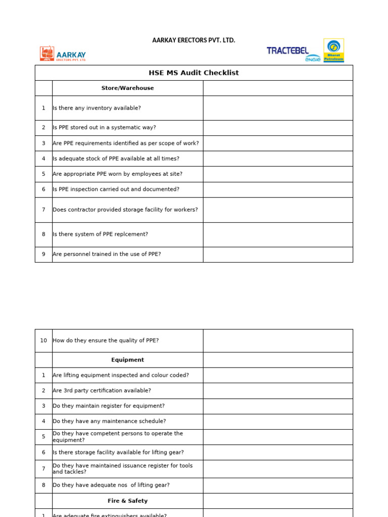 HSE MS Audit Checklist | PDF | Personal Protective Equipment | First Aid