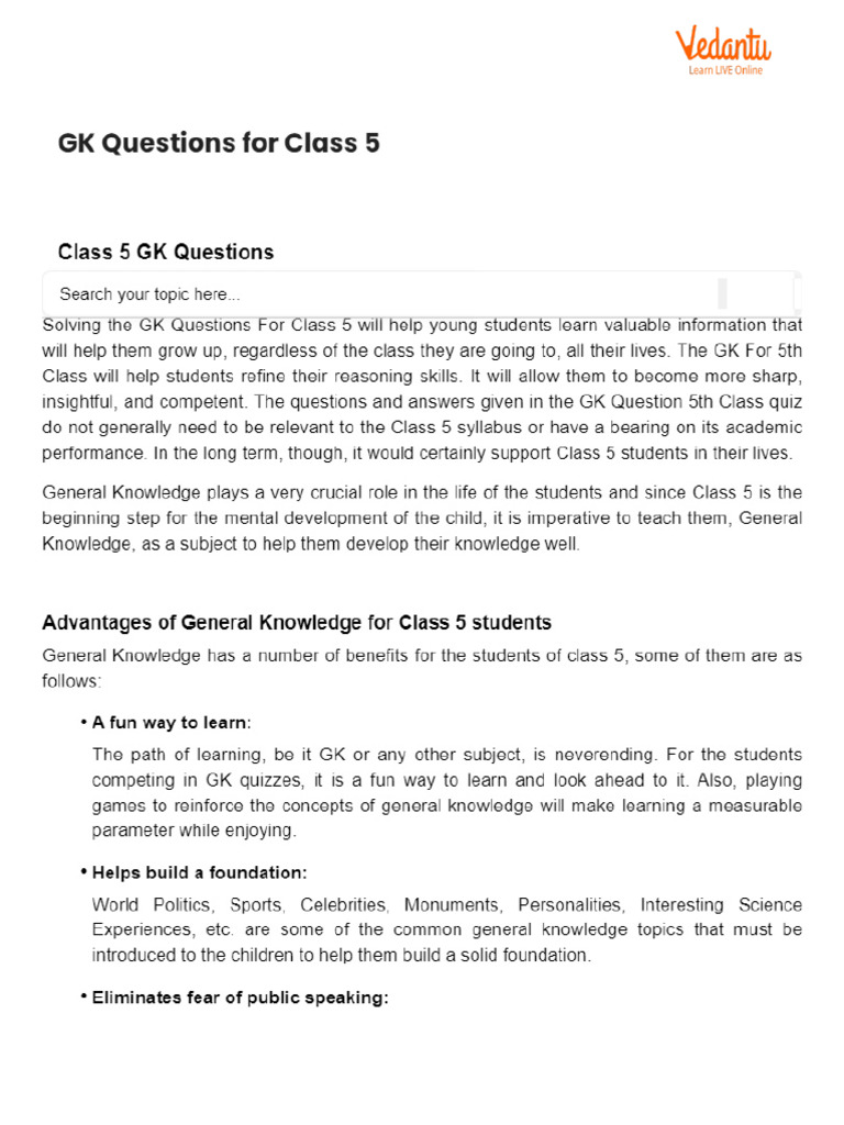 GK Questions For Class 5 | PDF