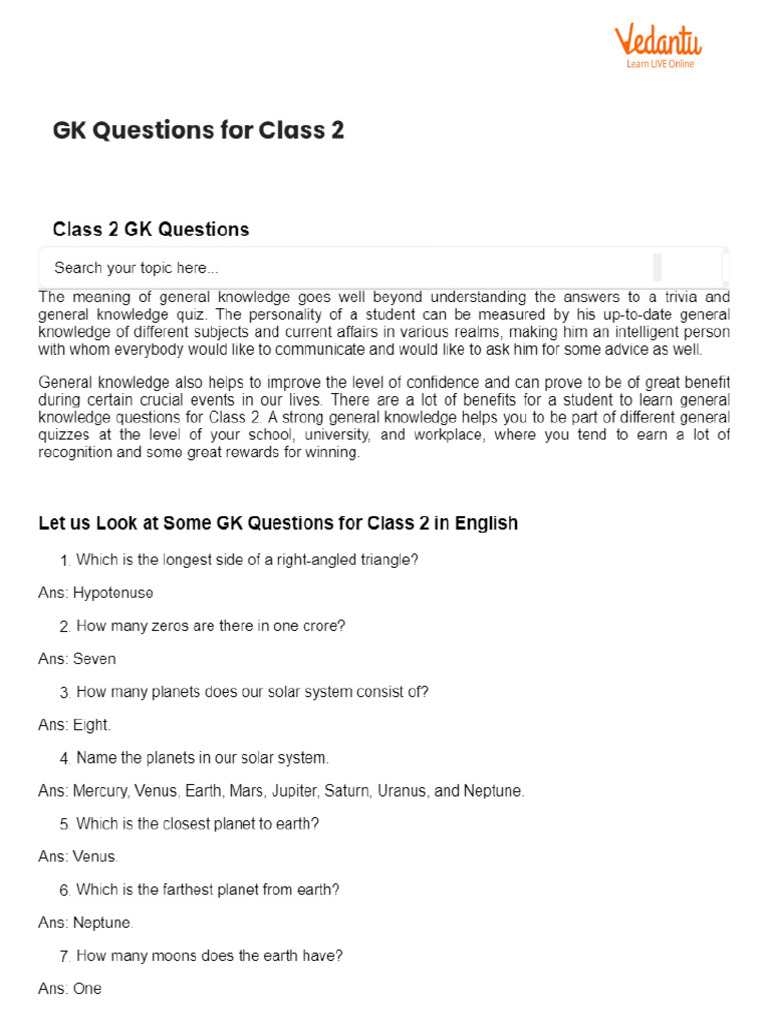 GK Questions For Class 2 | PDF