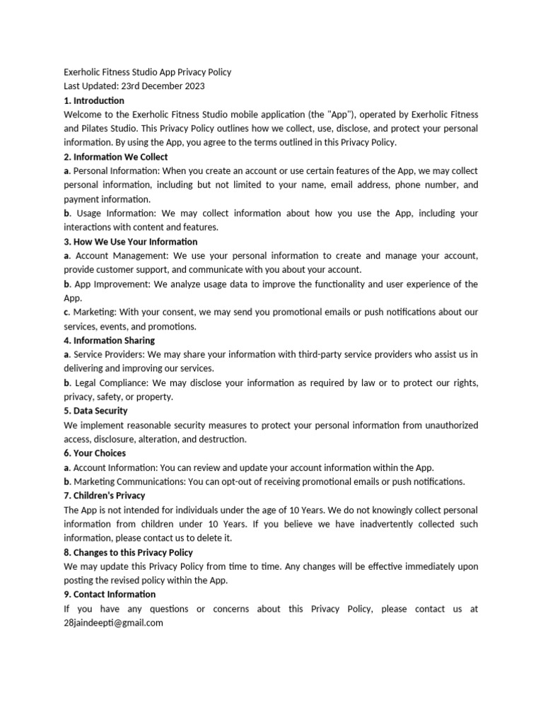 Exerholic App Privacy Policy Summary | PDF
