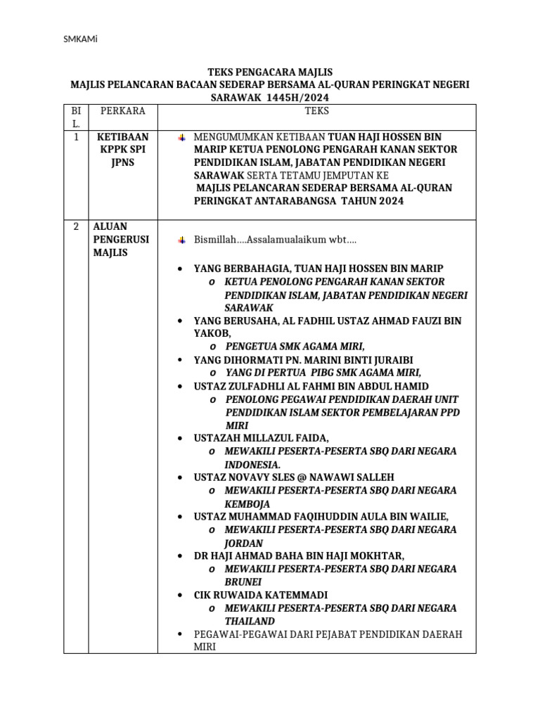 Teks MC Pelancaran Bacaan Sederap Bersama Al Quran 2024 Peringkat Antarabangsa | PDF