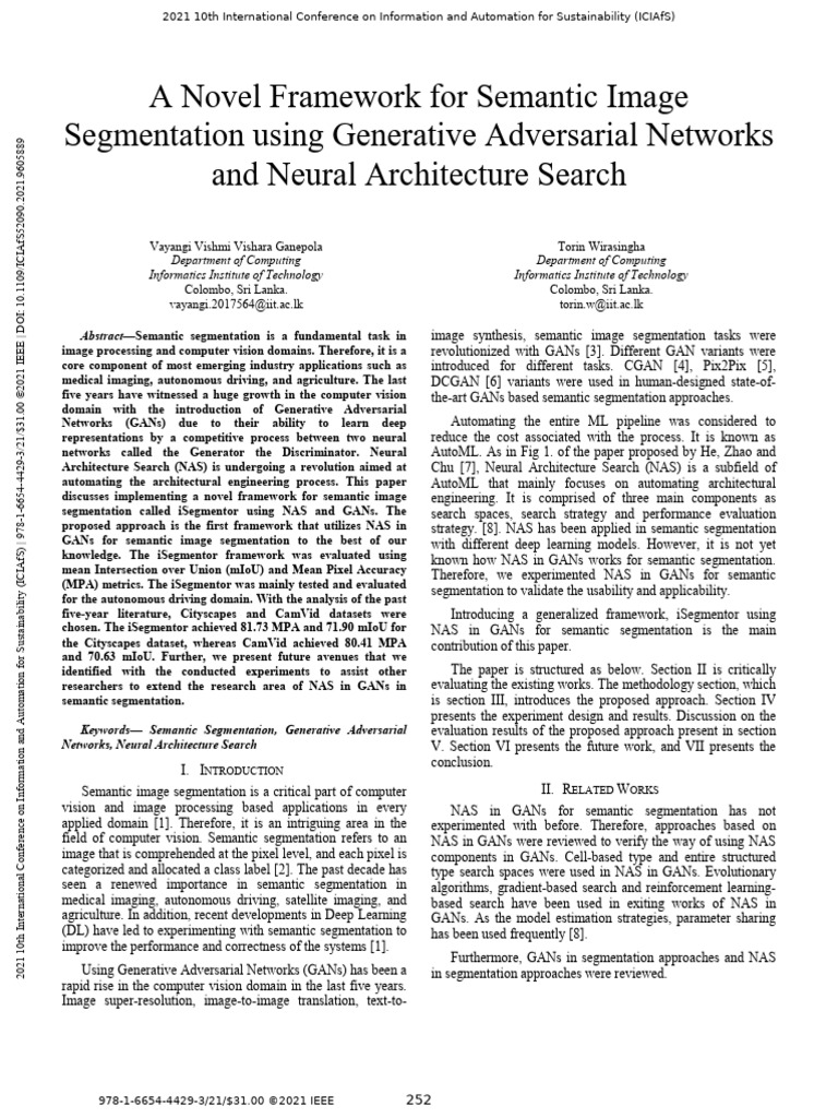 A Novel Framework For Semantic Image Segmentation Using Generative Adversarial Networks And
