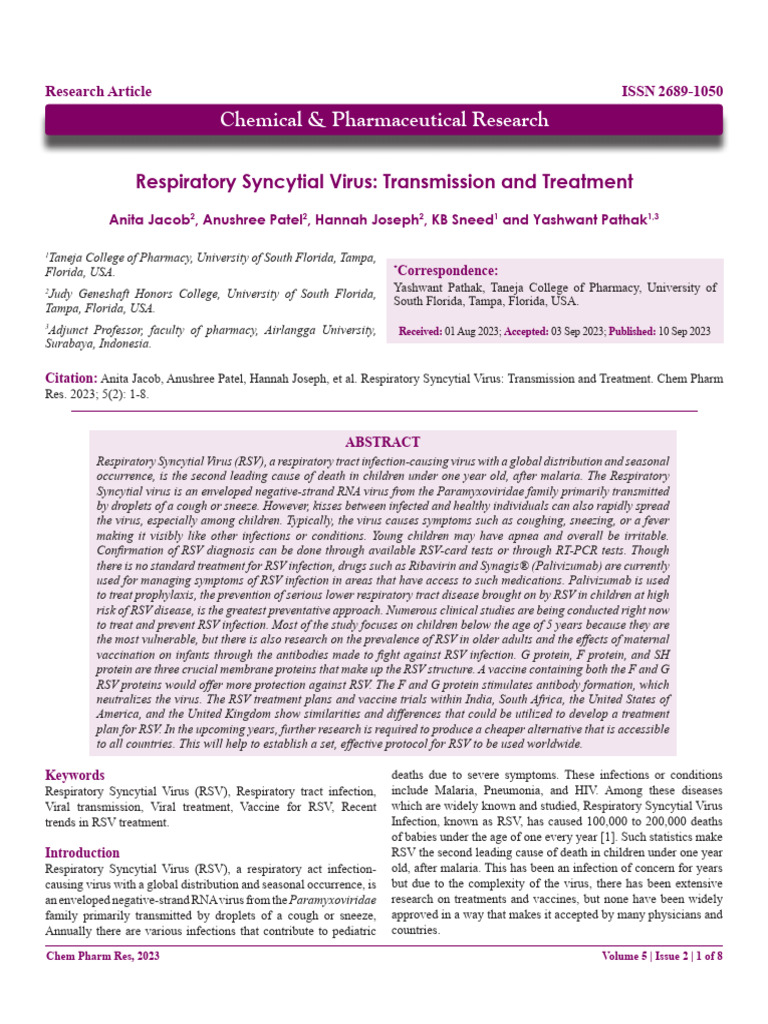 Respiratory Syncytial Virus: Transmission and Treatment | PDF ...