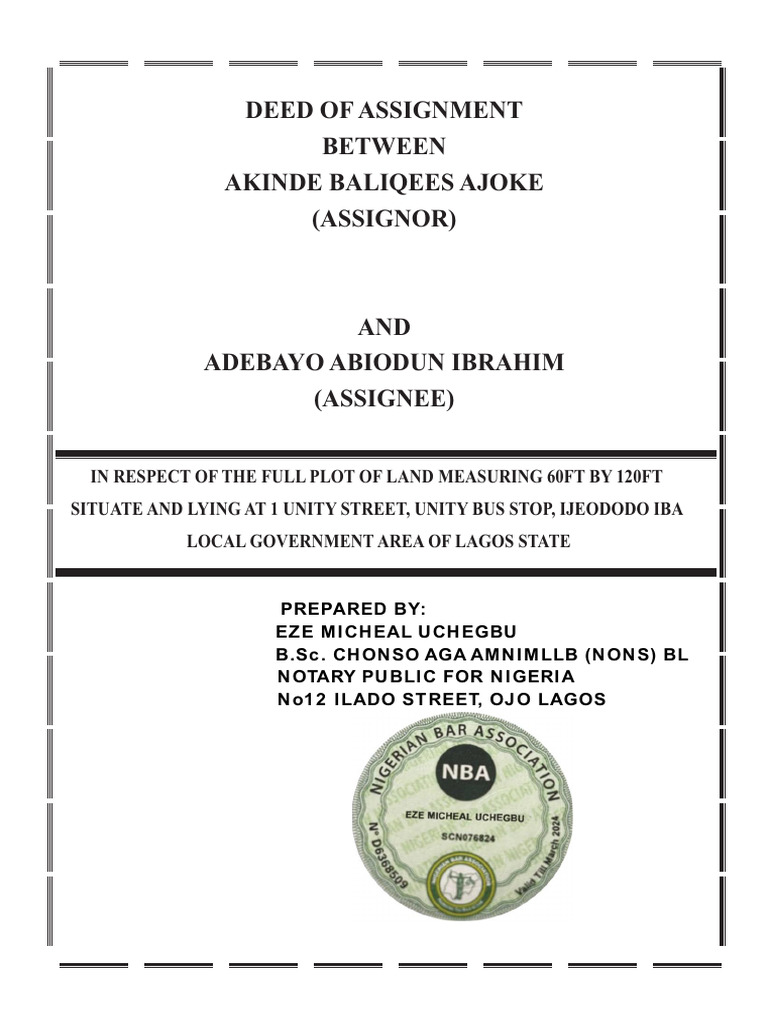 Deed of Assignementnnn Adebayo Abiodun Ibrahim | PDF | Assignment (Law ...
