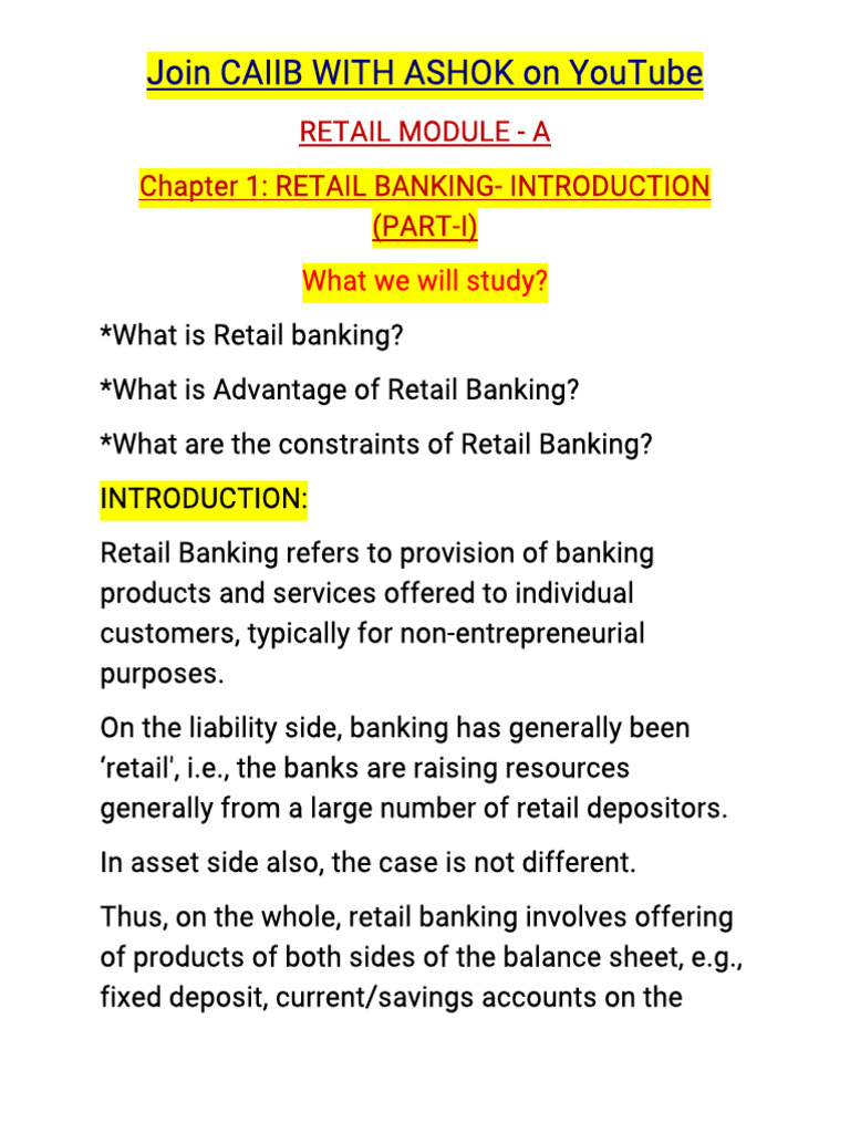 Join Caiib With Ashok On Youtube: Retail Module - A Chapter 1: Retail Banking-Introduction (PART ...