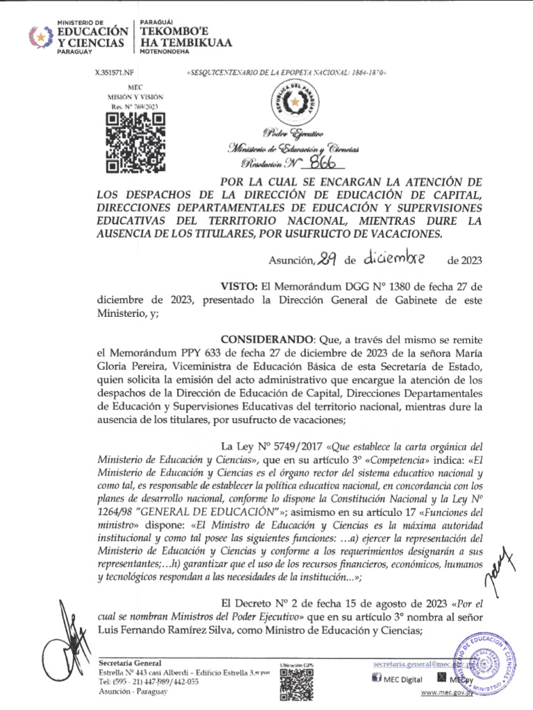 866-2023-RAMIREZ Resol. Encargatura 2023-2024 | PDF | Gobierno | Organizaciones relacionadas con ...