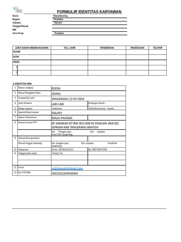 Form Identitas Karyawan - NVP . | PDF