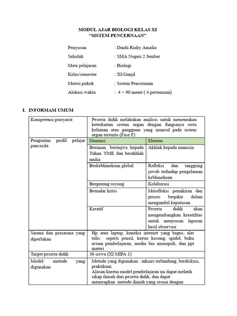 Modul Ajar Sistem Pencernaan Biologi XI | PDF