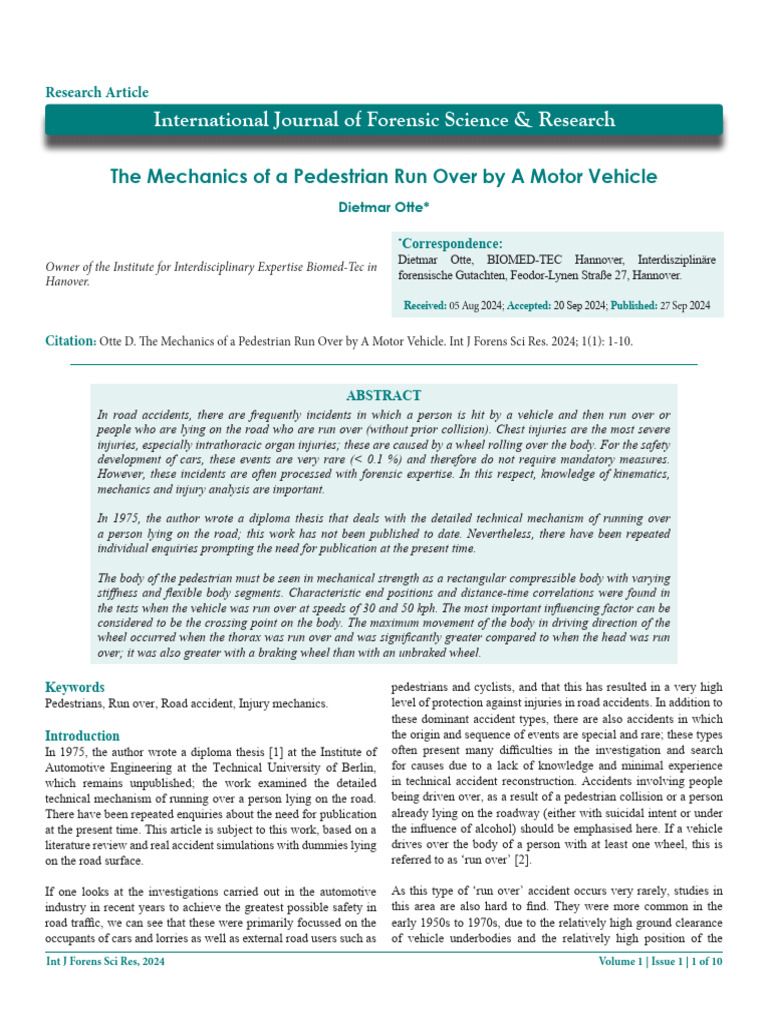 The Mechanics of A Pedestrian Run Over by A Motor Vehicle | PDF ...