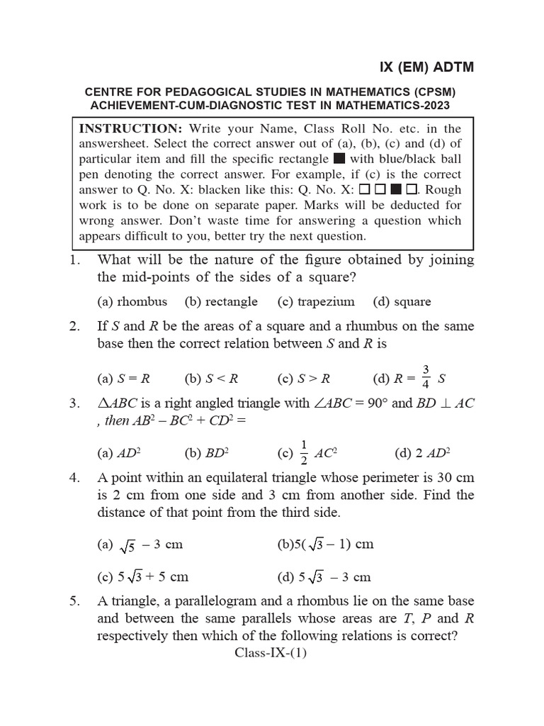 CPSM Math Class IX English A5 | PDF | Triangle | Area