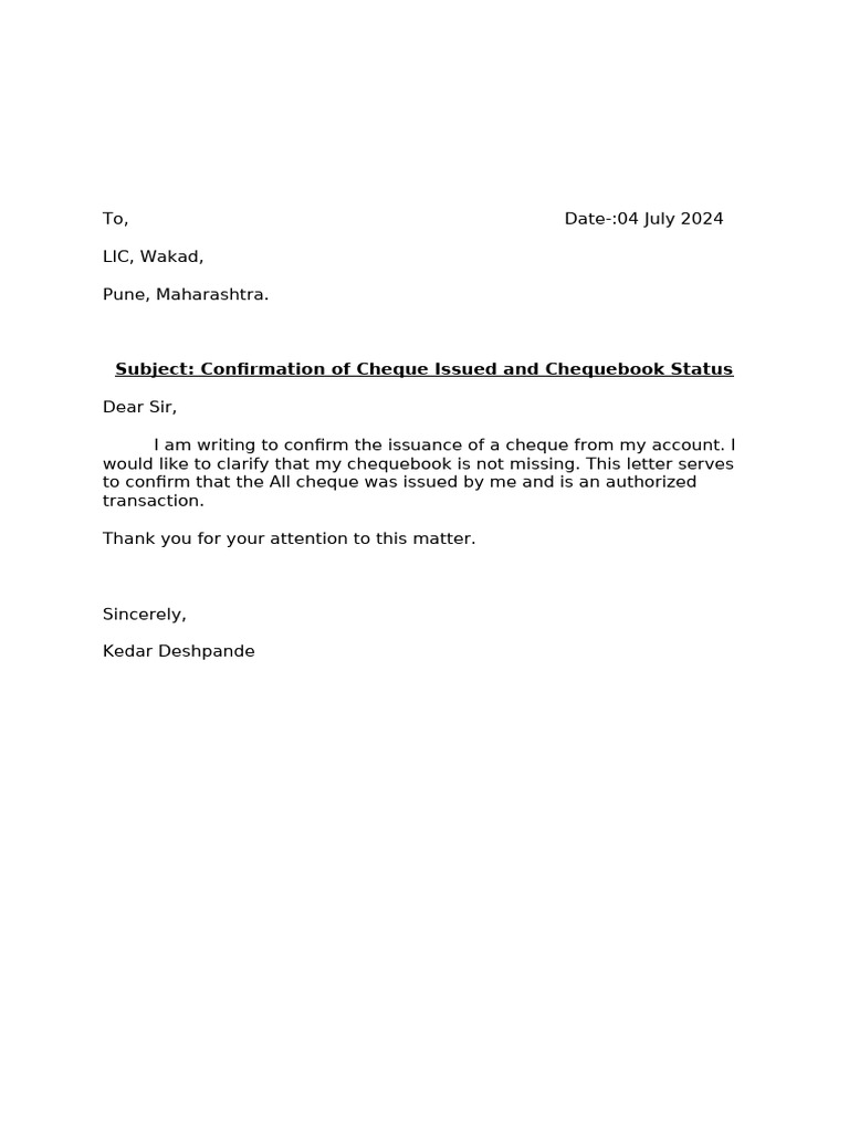 Cheque Issuance Confirmation Letter | PDF | Career & Growth | Finance ...
