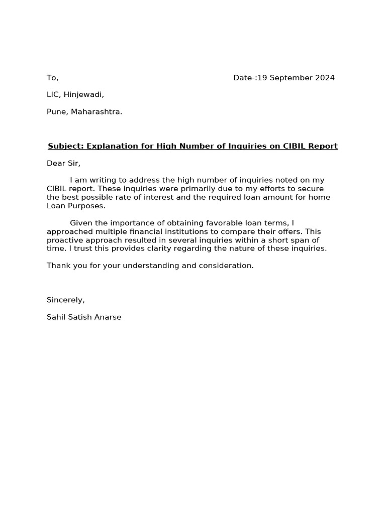 CIBIL Inquiry Explanation Letter | PDF