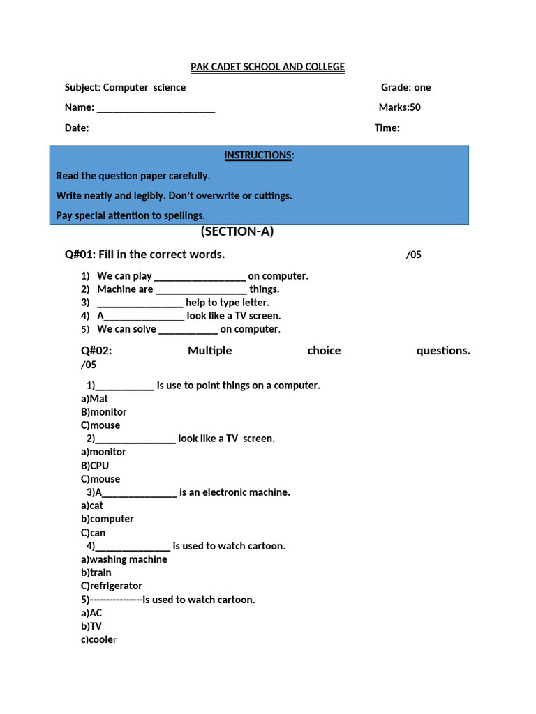 Computer Science Grade 1 Exam Paper | PDF