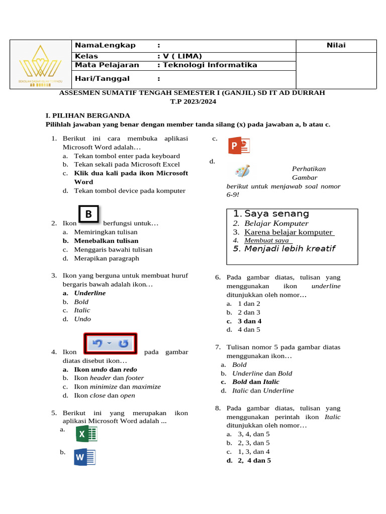 Soal Tik Mid Sem 1 Kls 5 | PDF