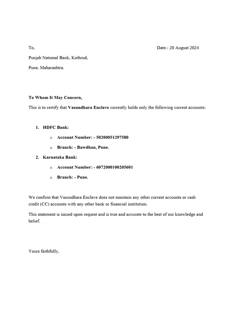 Vasundhara Enclave-Current Account Maintaning Confirmation Letter | PDF ...