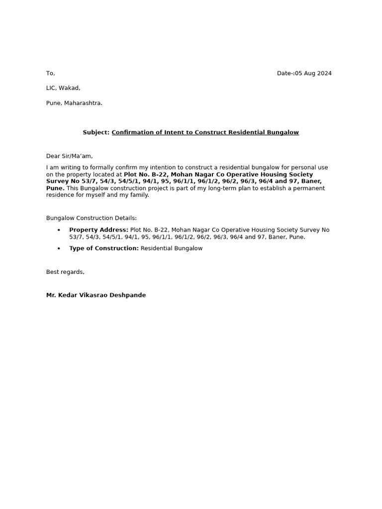 Confirmation Letter Construct Bungalow for Self Resi. | PDF