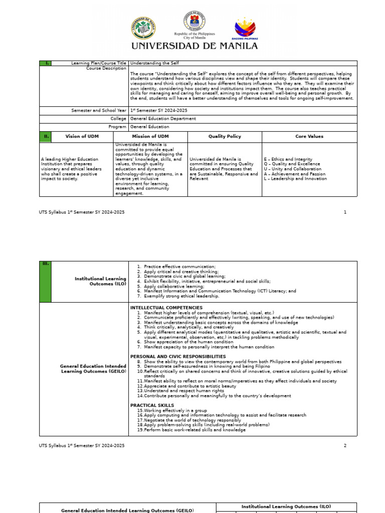 UTS Learning Plan 1st Sem SY 2024 2025 | PDF | Learning | Critical Thinking