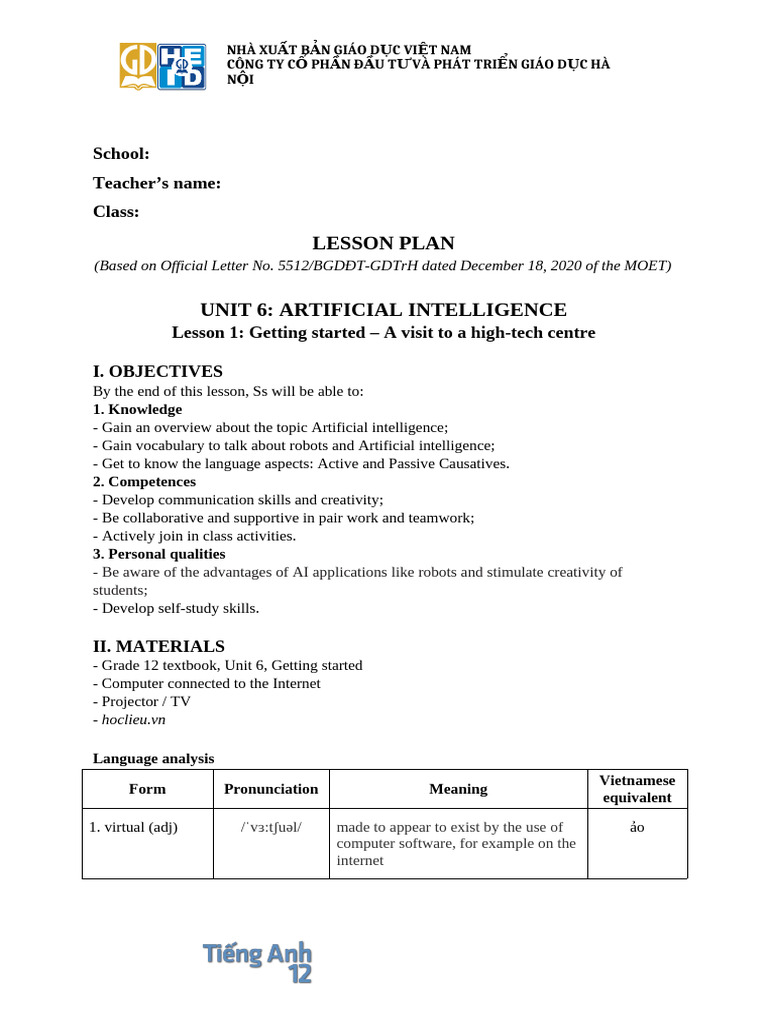 Lesson Plan: Artificial Intelligence Unit | PDF | Vocabulary | Adjective