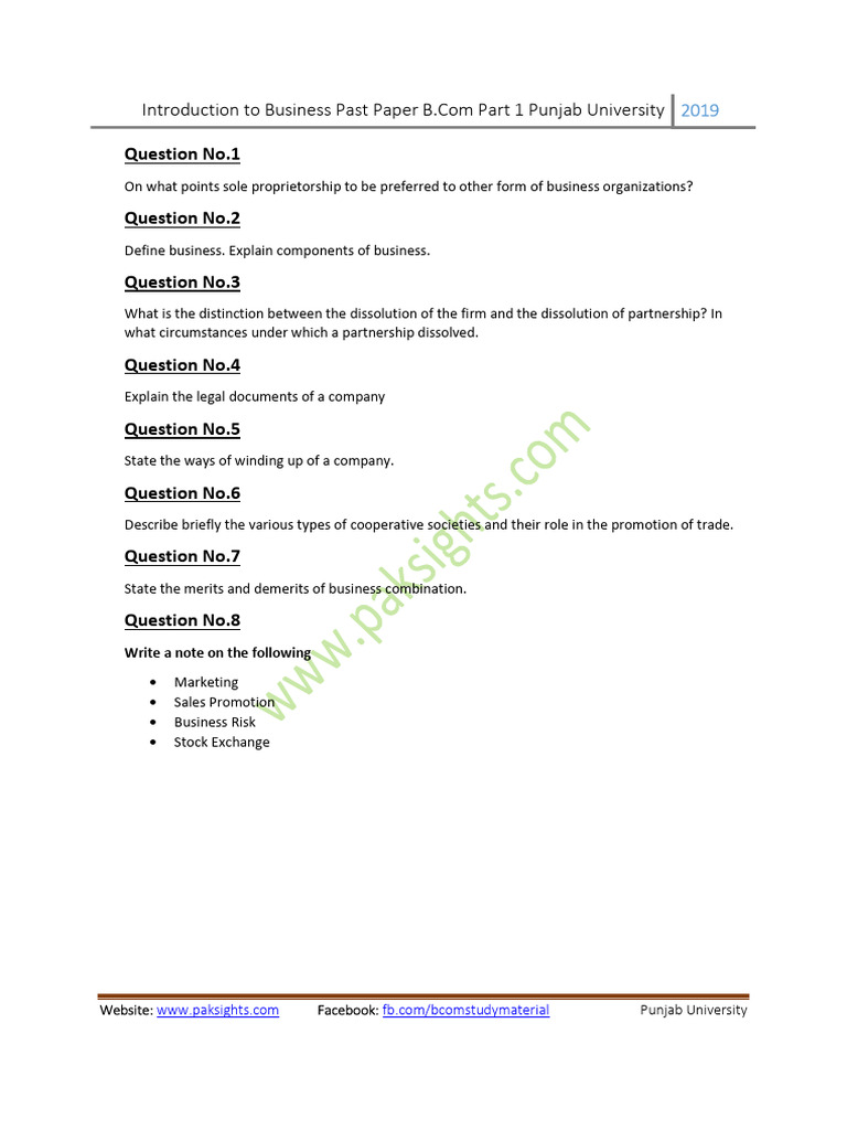 Introduction To Business Past Paper 2019 Pu | PDF | Business | Finance ...