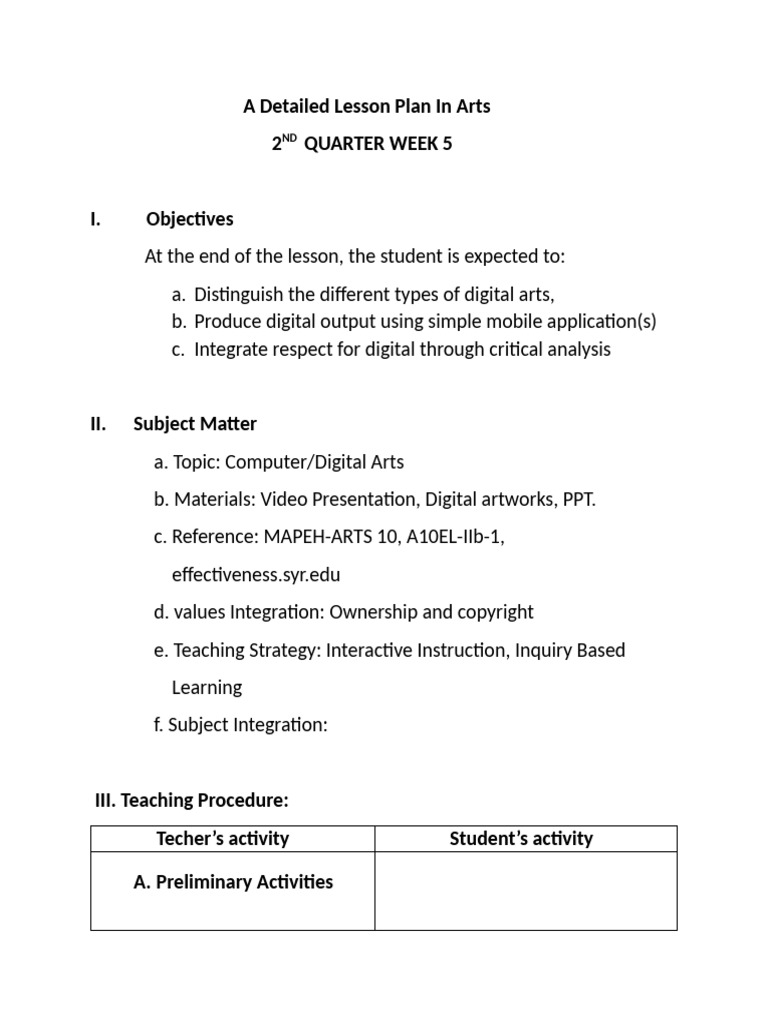A Detailed Lesson Plan in Arts | PDF | Lesson Plan | Cognition