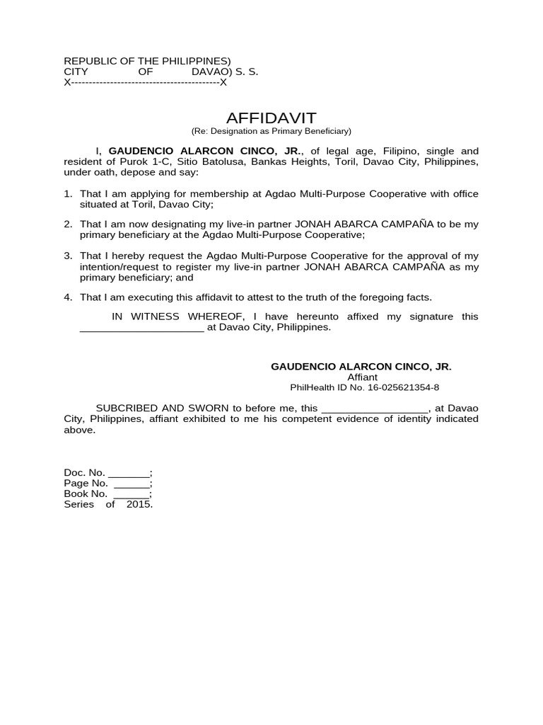 Affidavit of Desig. of Beneficiary of JONAH ABARCA CAMPAÑA (AGDAO COOP NEW FORM) Revised | PDF ...