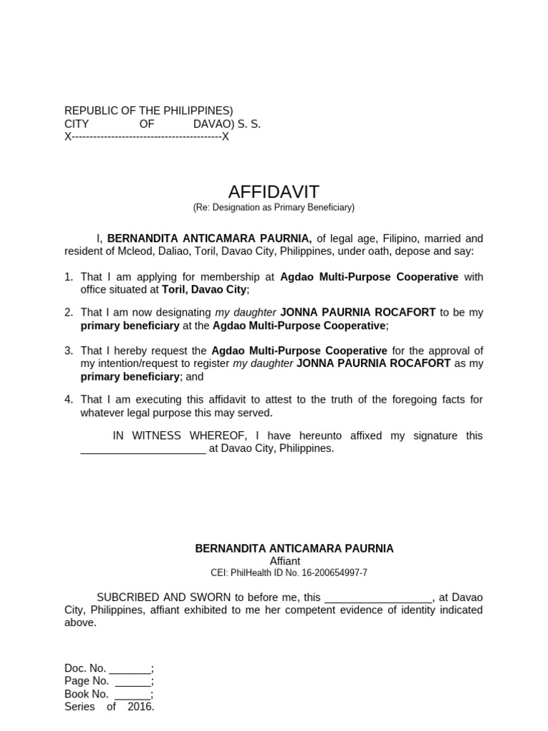 Affidavit for Primary Beneficiary Designation | PDF