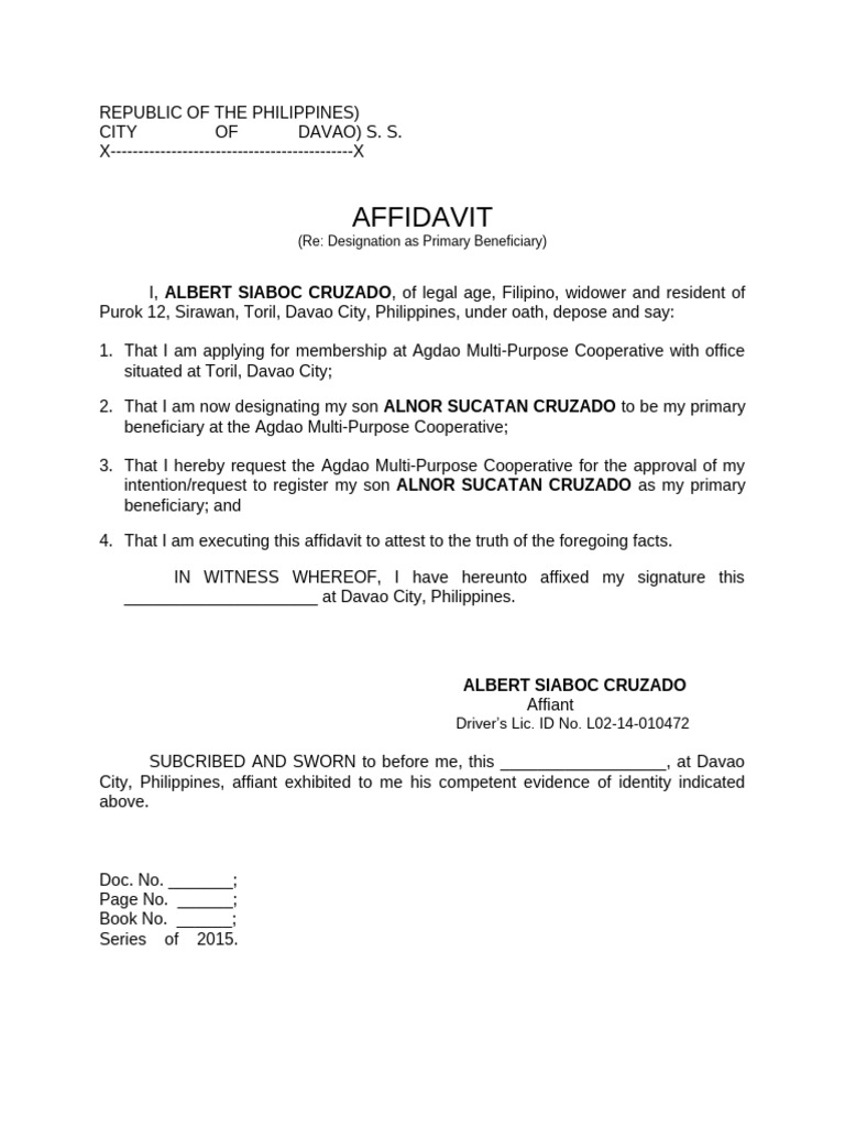 Affidavit of Desig. of Beneficiary of Albert Siaboc Cruzado (AGDAO COOP ...