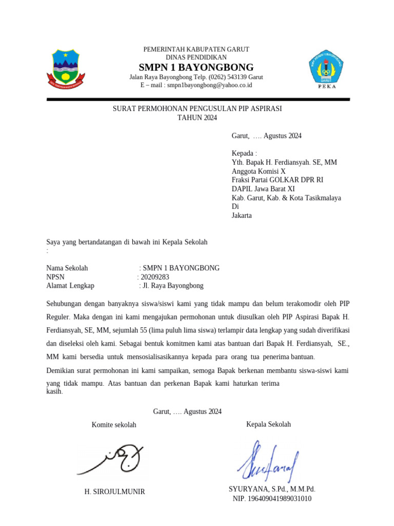 Contoh Surat Permohonan PIP Aspirasi FRD 1 | PDF