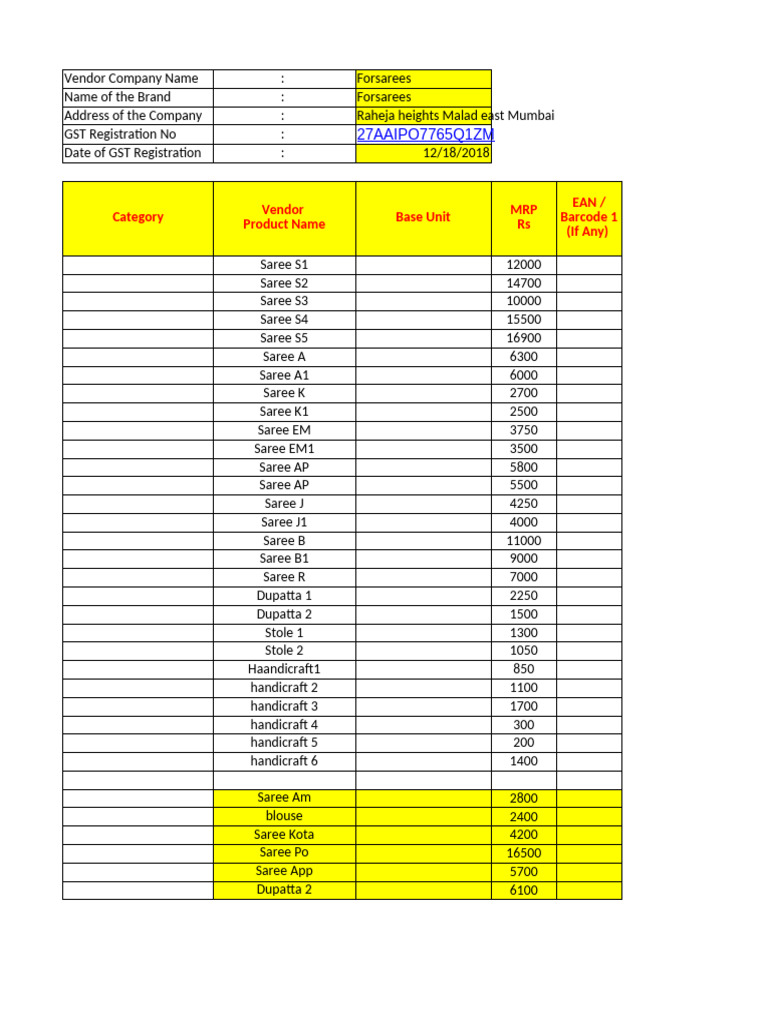 Vendor Data Master Template Pdf Cooking Food Industry