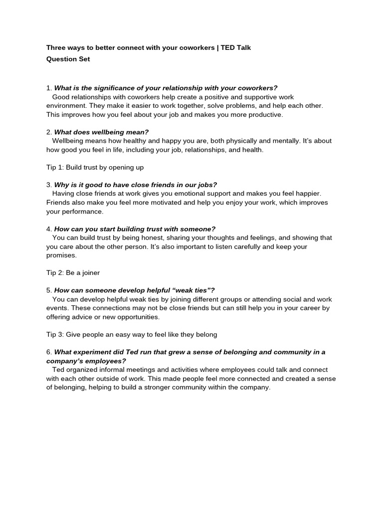 3 Ways To Better Connect With Your Coworkers - TED Talk - Question Set ...