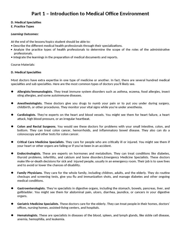 Part 1 Introduction To Medical Office Environmen | PDF | Cost Of Living ...