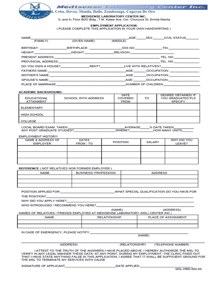 MSL HRD 002 00 Employment Application Form | PDF | Career & Growth ...