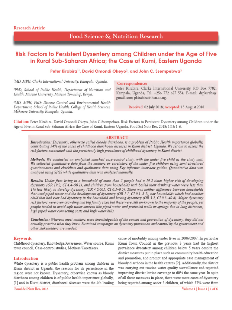 Risk Factors To Persistent Dysentery Among Children Under The Age of ...