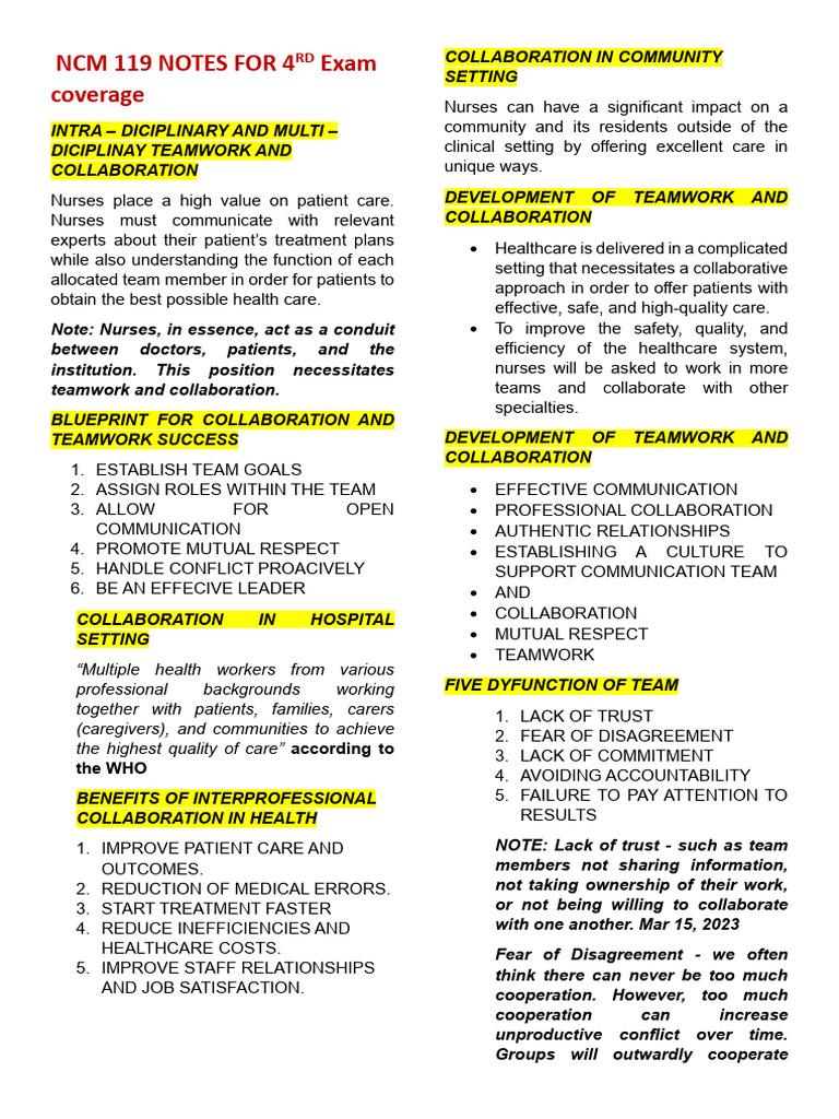 NCM 119 NOTES FOR 4RD Exam coverage | PDF | Patient | Health Care