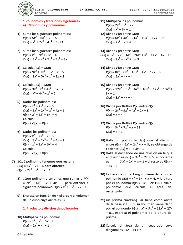 2425 Ficha 1obch CCSS Ud02 ExpAlgebraicas | PDF | Factorización | División (Matemáticas)