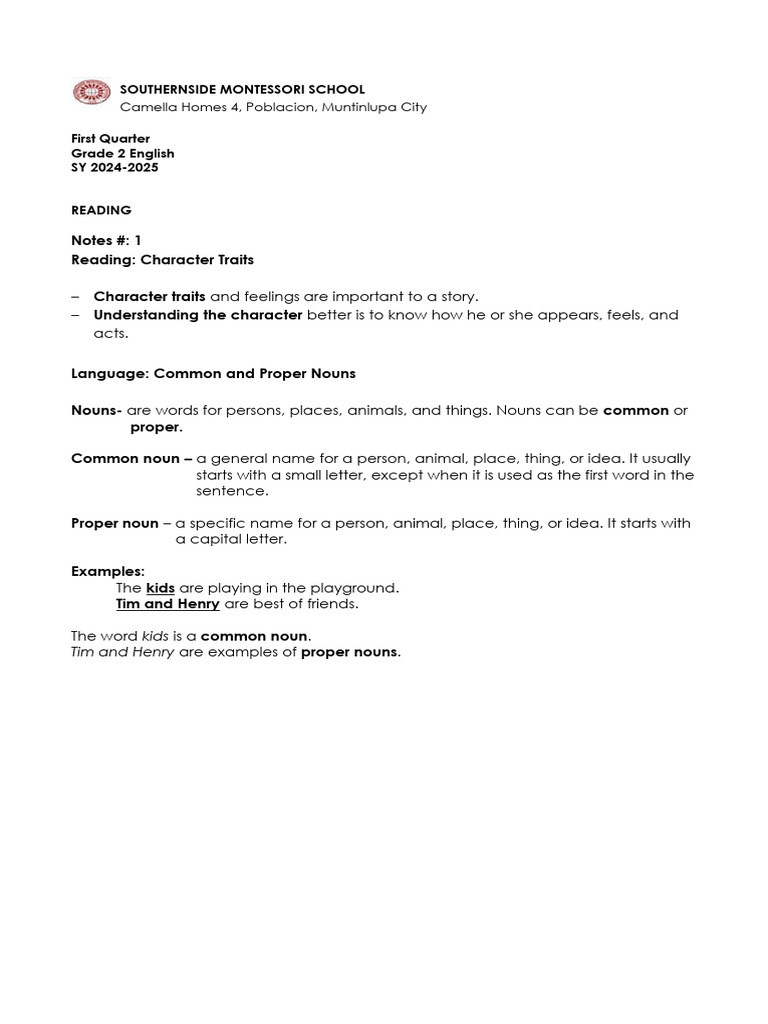 1ST QTE ENGLISH 2 NOTES 1 CHARACTER TRAITS COMMON AND PROPER ...