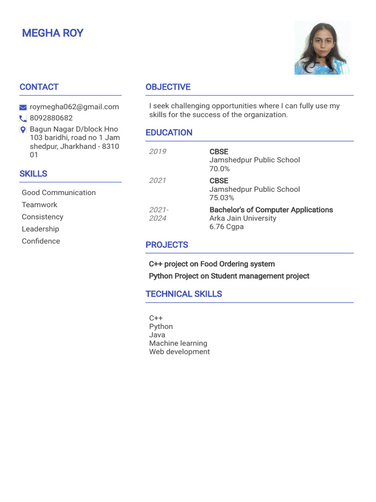 Megha Roy's CV and Skills Summary | PDF