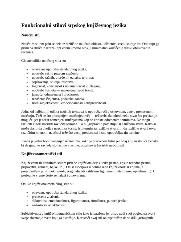 Funkcionalni Stilovi Srpskog Književnog Jezika | PDF