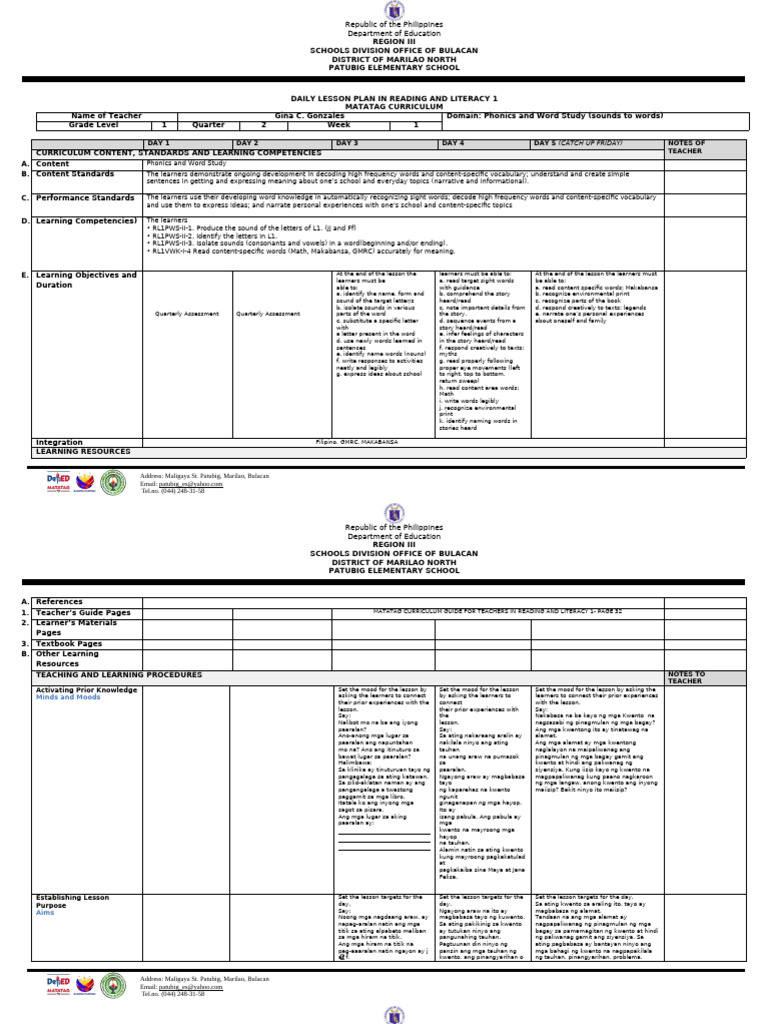 DLP MATATAG Gr1 Reading and Literacy Q2 W1 | PDF