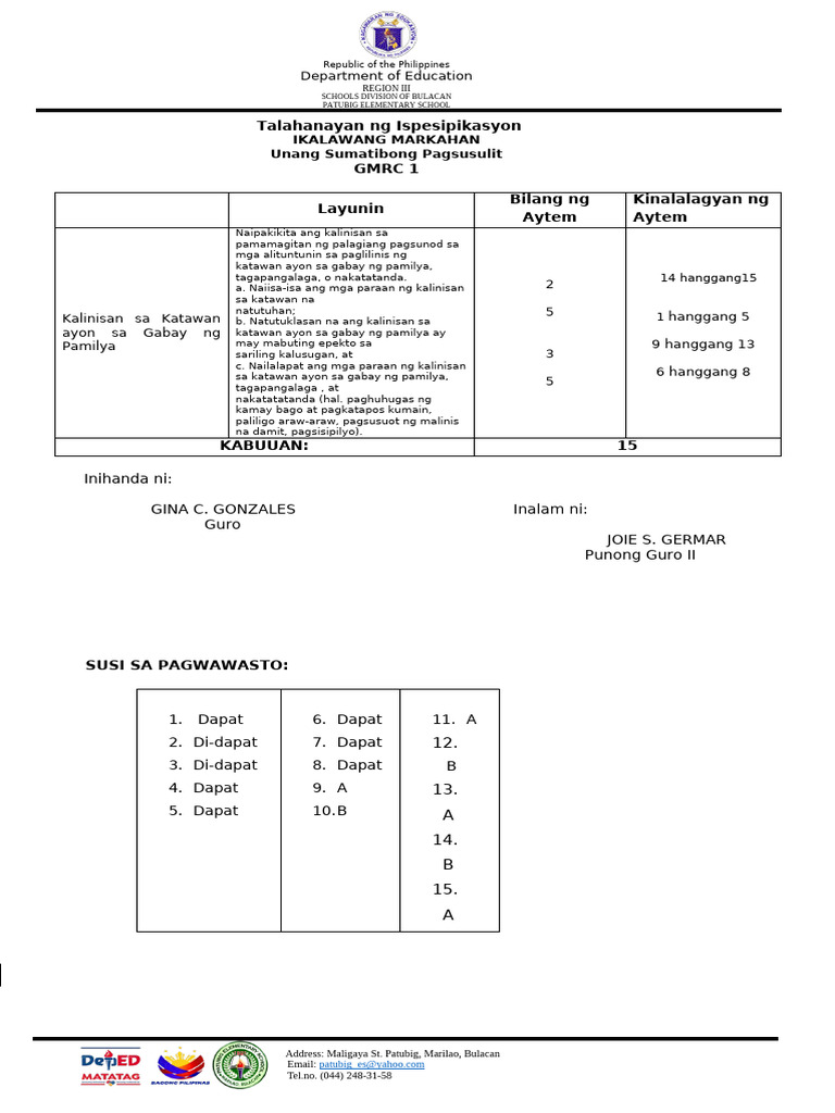 Q2 Quiz 1 GMRC Grade 1 2024 | PDF